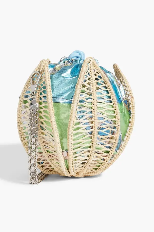 Emilio Pucci Leather-trimmed Printed Shell And Raffia Shoulder Bag