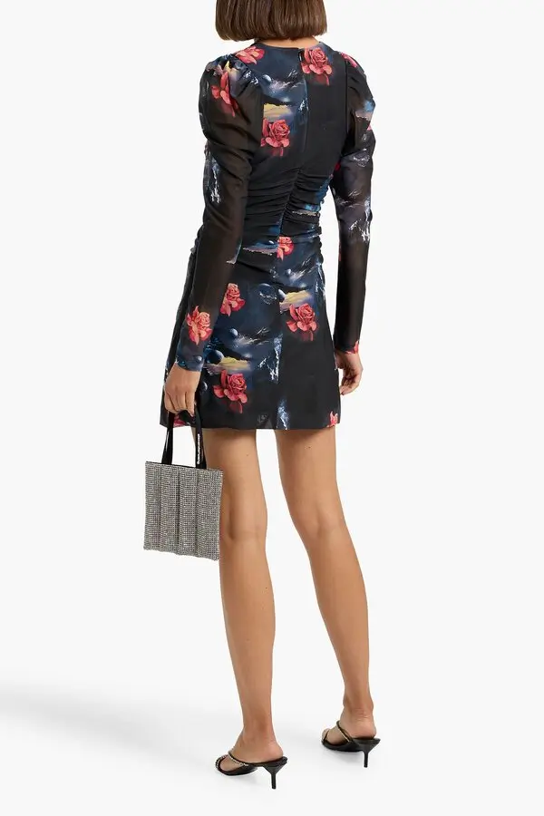 GANNI Ruched Floral-print Stretch-mesh Mini Dress