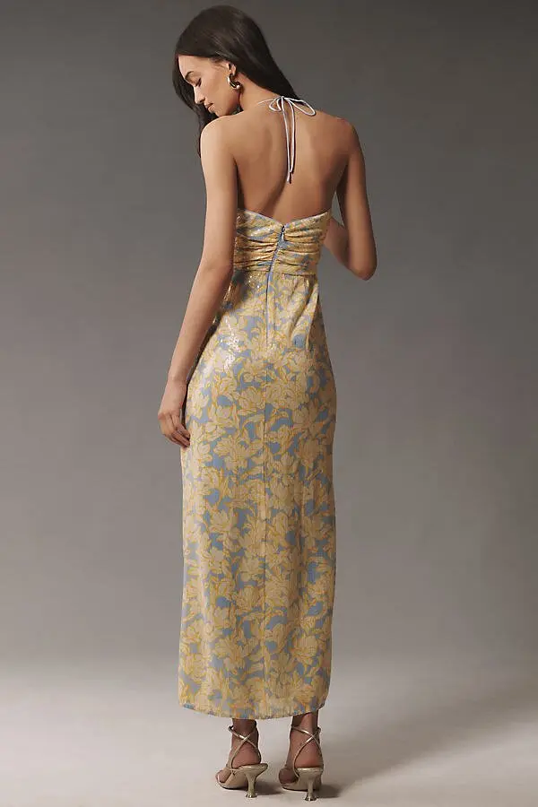 hutch sequin floral maxi dress Hutch Tylia Sleeveless Ruched Side-Slit Sequin Maxi Dress In Sky Floral -  29% Off