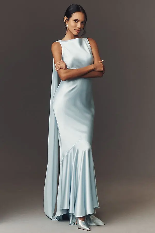 Retrofete Julia Boat-neck Cape Satin Maxi Dress - Ice Blue