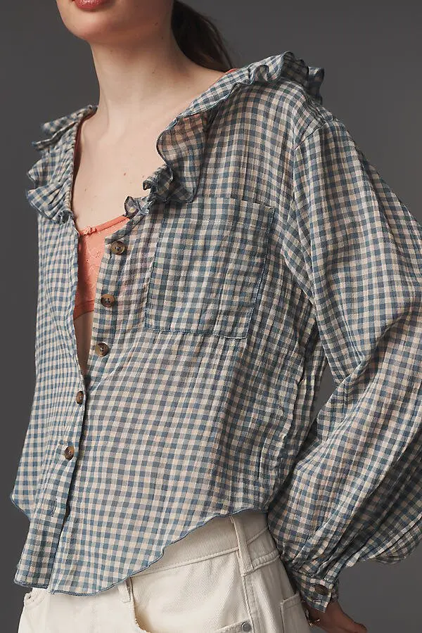 PILCRO Remy Ruffle Collar Buttondown Shirt - Blue