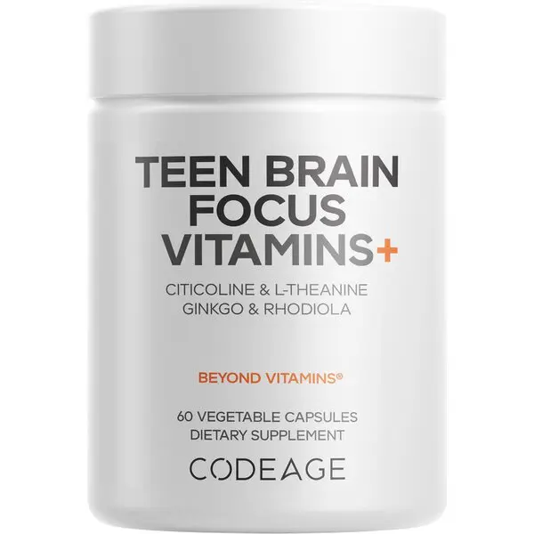 CODEAGE Teen Brain Focus Vitamins+ Citicoline Cognizin, L-theanine, Herbal Blend - White