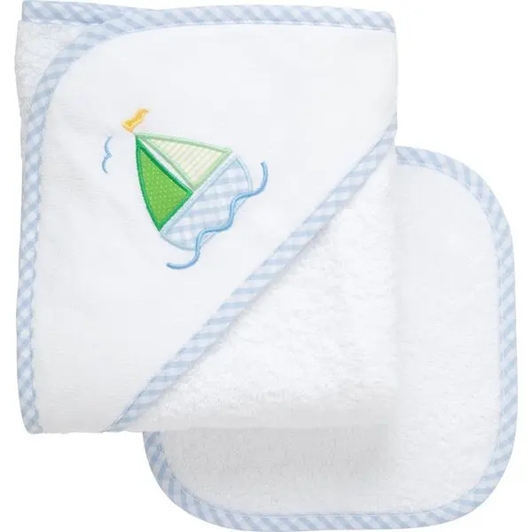 3 MARTHAS Applique Hooded Towel & Washcloth Set - Blue Sailboat