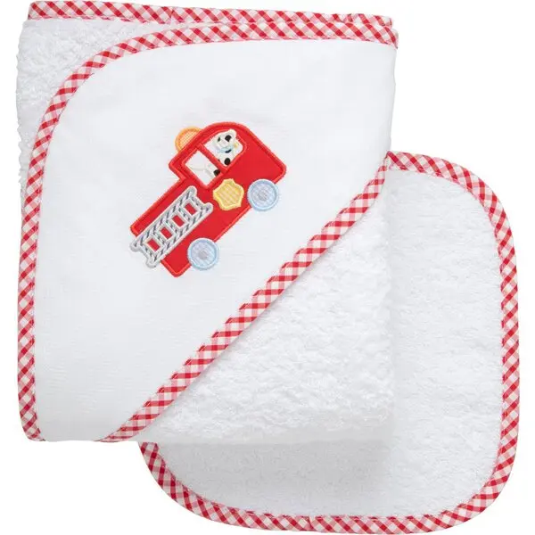 3 MARTHAS Applique Hooded Towel & Washcloth Set - Fire Truck