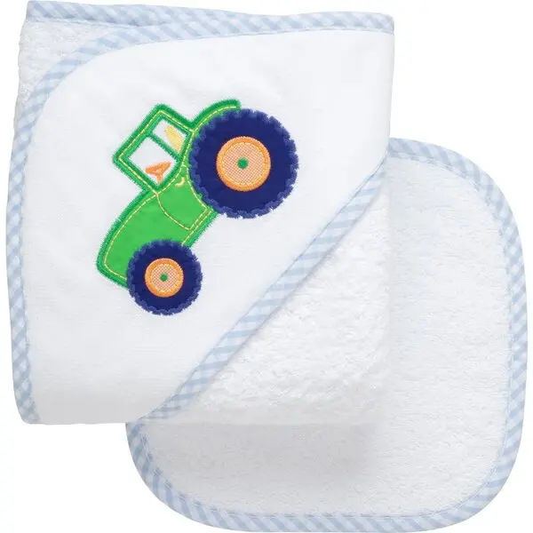 3 MARTHAS Applique Hooded Towel & Washcloth Set - Tractor