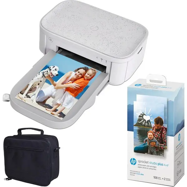 HP Sprocket Studio Plus 4x6 Photo Printer Case & Paper Bundle - White