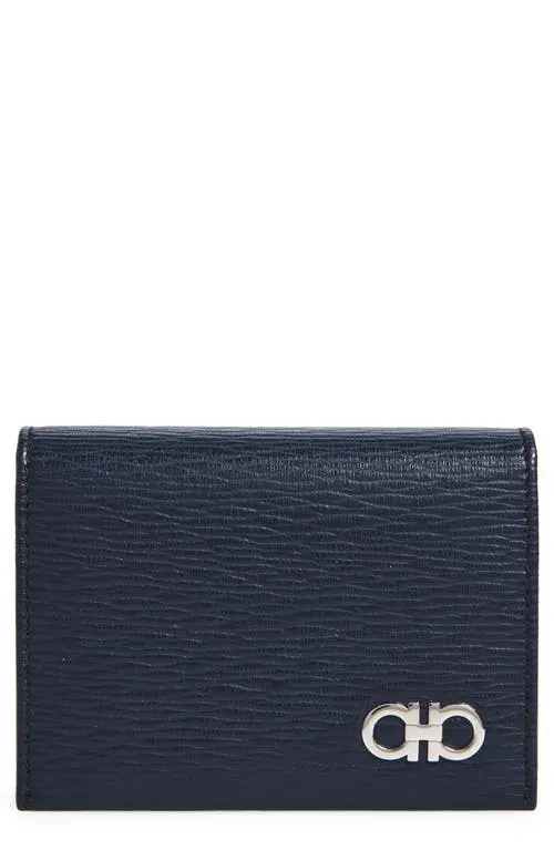 FERRAGAMO Revival Hammered Leather Bifold Card Holder - Deep Ocean