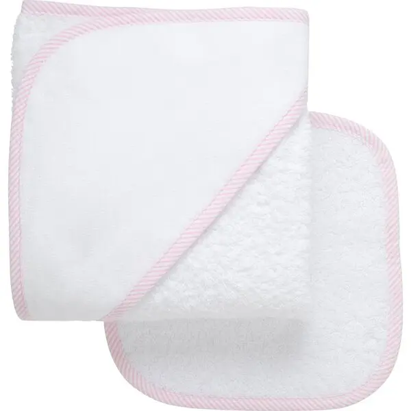3 MARTHAS Seersucker Stripe Trim Hooded Towel & Washcloth Set - Pink