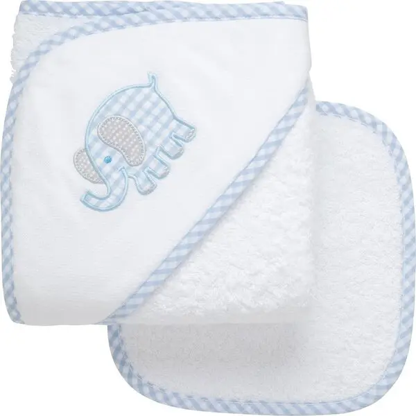 3 MARTHAS Hooded Towel & Washcloth Set - Blue Elephant