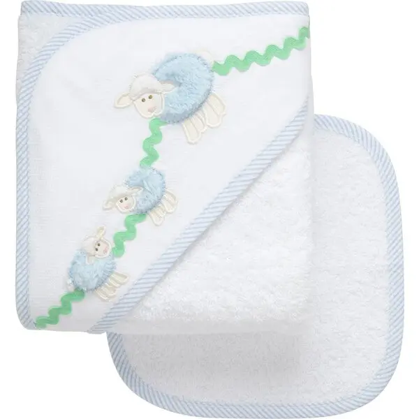 3 MARTHAS Hooded Towel & Washcloth Set - Blue Lamb