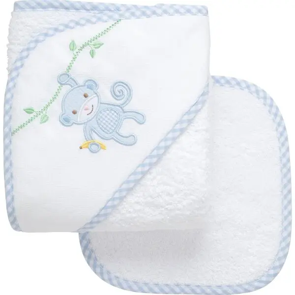 3 MARTHAS Hooded Towel & Washcloth Set - Blue Monkey