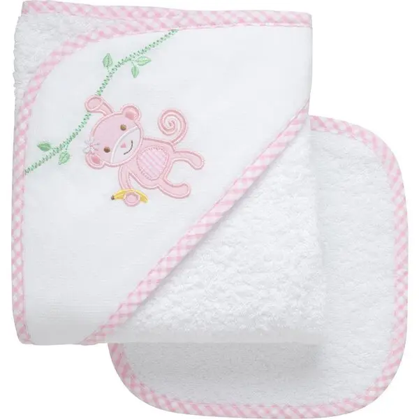 3 MARTHAS Hooded Towel & Washcloth Set - Pink Monkey
