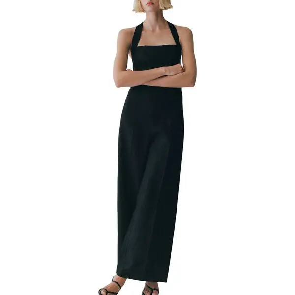 Mango Halter Linen Jumpsuit - Black