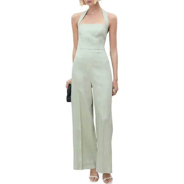Mango Halter Linen Jumpsuit - Pastel Green
