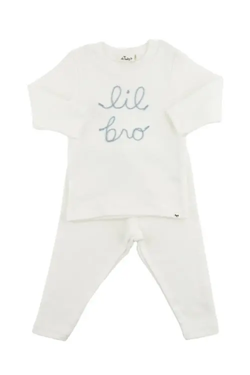OH BABY! Lil Bro" Embroidered Two-piece Set - Cream