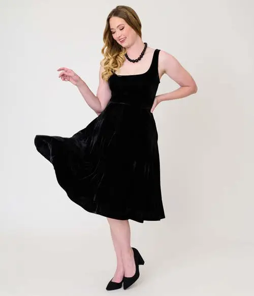 Unique Vintage Square Neck Pleated Swing Dress - Black Solid