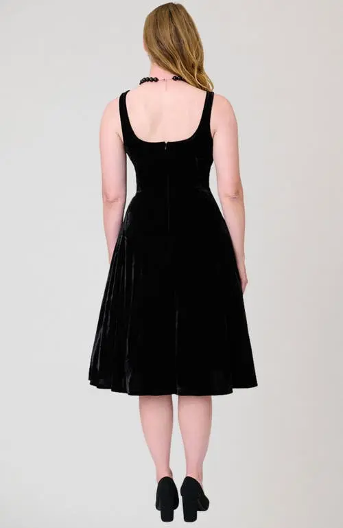 Unique Vintage Square Neck Pleated Swing Dress - Black Solid
