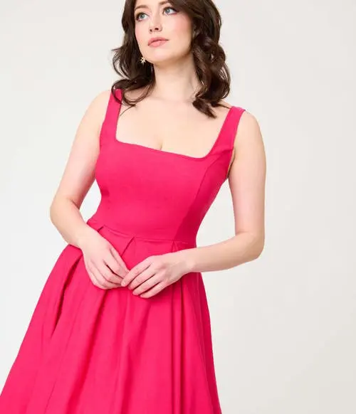 Unique Vintage Square Neck Pleated Swing Dress