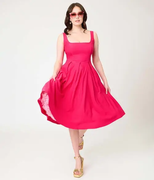 Unique Vintage Square Neck Pleated Swing Dress