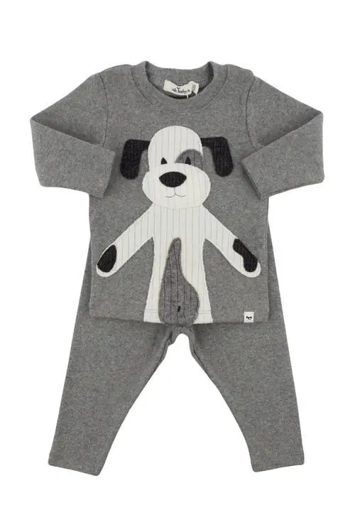 OH BABY! Large Cream Puppy Applique Long Sleeve Two Piece Set - Coal