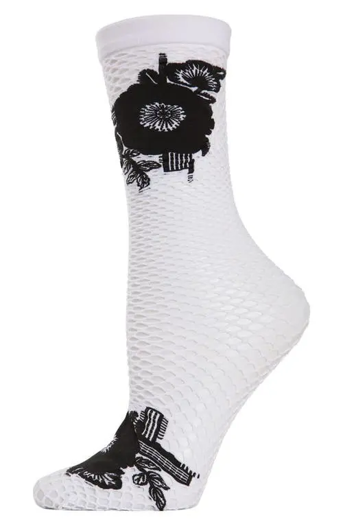 Natori Floral Appliqué Fishnet Crew Socks - White