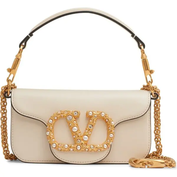 Valentino Garavani Small Locò Leather Shoulder Bag - Light Ivory/cream Crystal