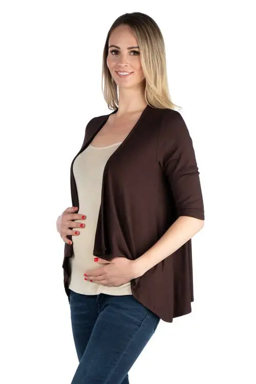 24SEVEN COMFORT APPAREL Maternity Elbow Length Sleeve Open Cardigan - Brown