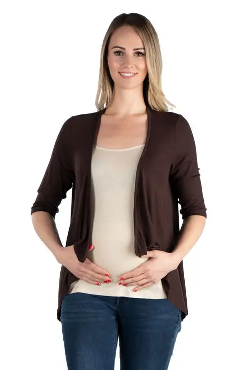 24SEVEN COMFORT APPAREL Maternity Elbow Length Sleeve Open Cardigan - Brown