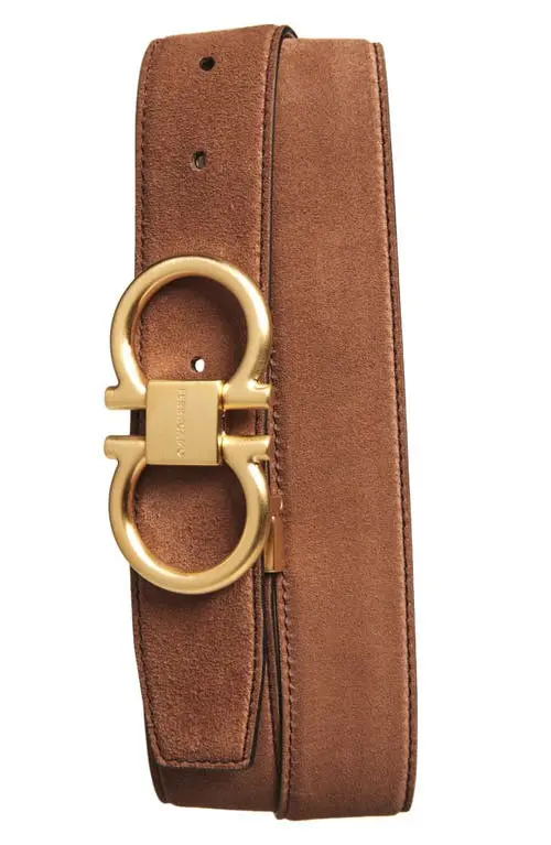 FERRAGAMO Double Gancio Suede Belt - Midbrown Naturale