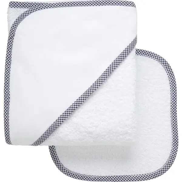 3 MARTHAS Checked Trim Hooded Towel And Washcloth Set - Navy