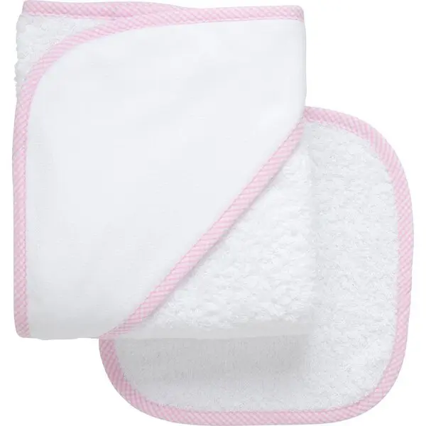 3 MARTHAS Checked Trim Hooded Towel And Washcloth Set - Pink