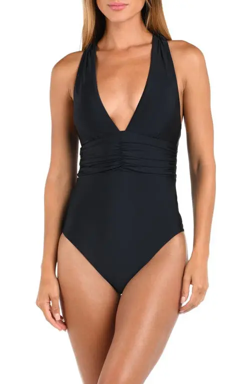 SUNSHINE 79 Solid Ruched Plunge One-piece Swimsuit - Black