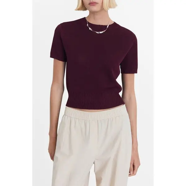 Mango Cropped Short-sleeve Sweater - Burgundy