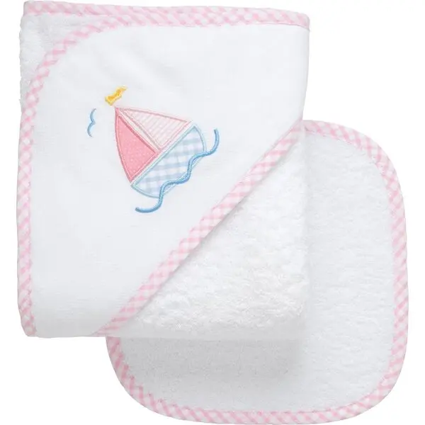 3 MARTHAS Applique Hooded Towel And Washcloth Set - Pink Sailboat