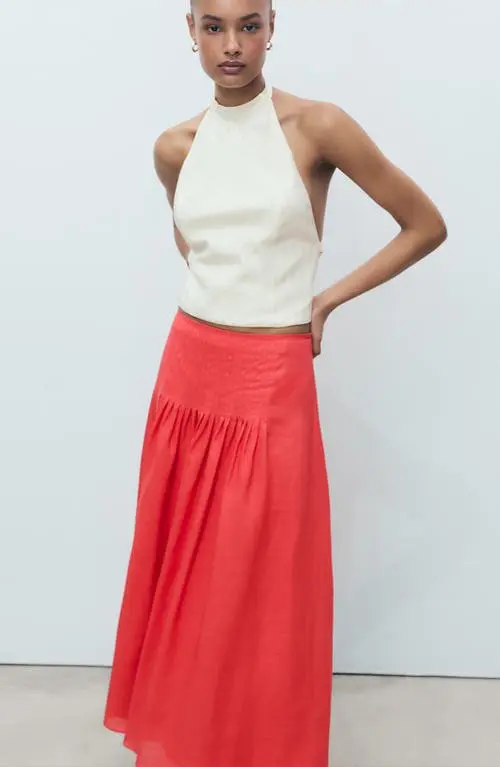 Mango Pleated Ramie Midi Skirt - Red