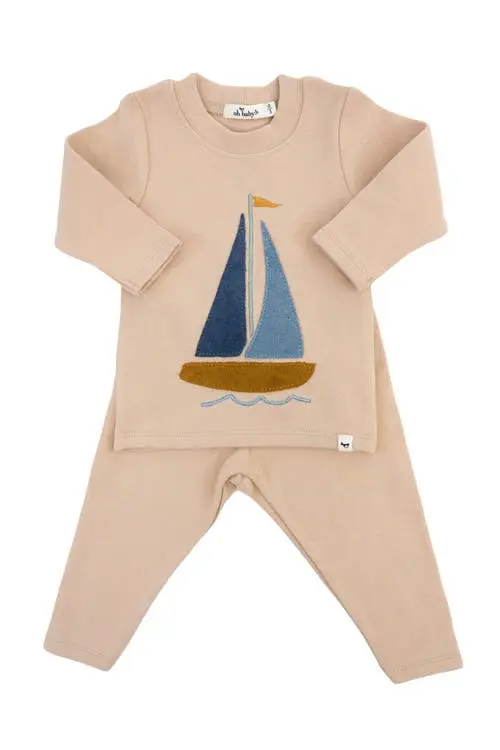 OH BABY! Denim Sailboat Terry Applique Two Piece Set - Almond