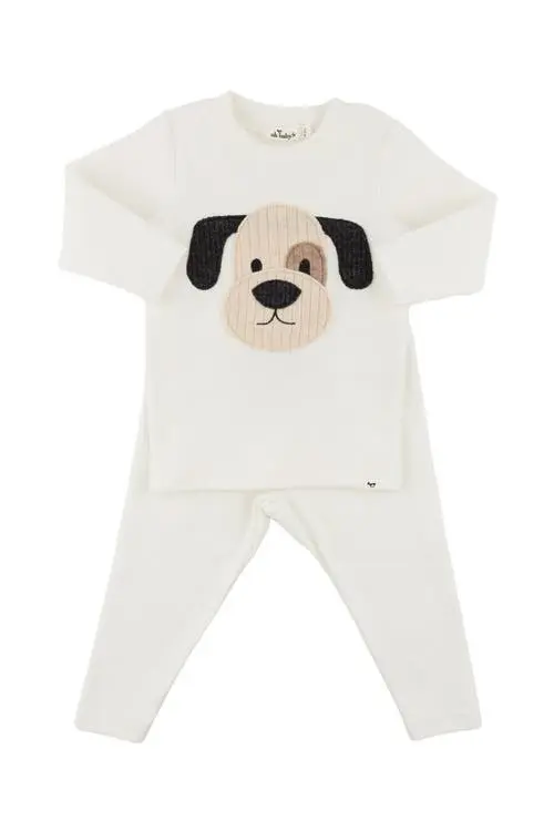OH BABY! Puppy Face Applique Long Sleeve Two Piece Set - Cream