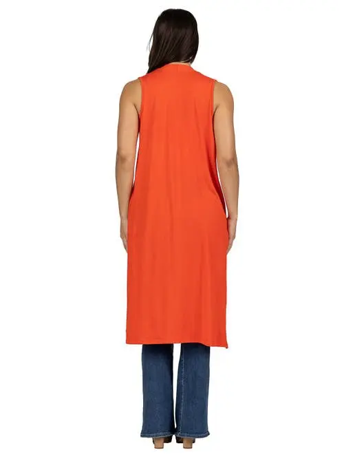 24SEVEN COMFORT APPAREL Maternity Sleeveless Long Cardigan With Slit - Orange
