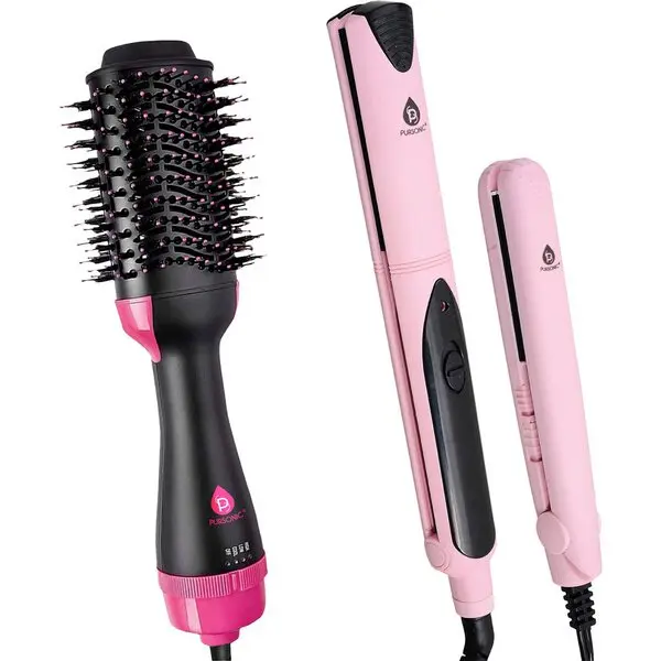 PURSONIC Hair Styling Power Bundle Hair Dryer & Volumizer Brush + Flat Iron Hair Straightener With Free Travel Straightener - Pink