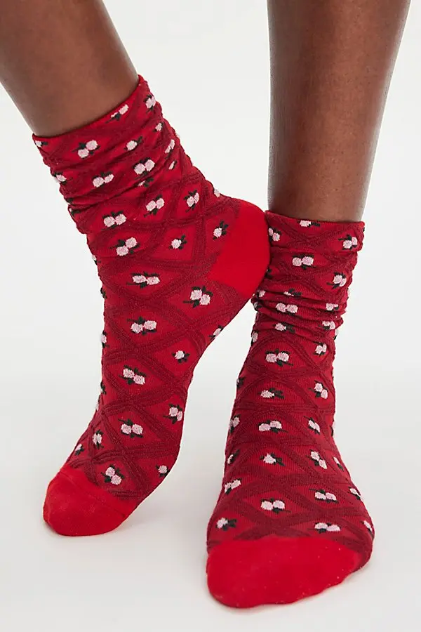 Free People Floral Jacquard Trouser Socks - Red