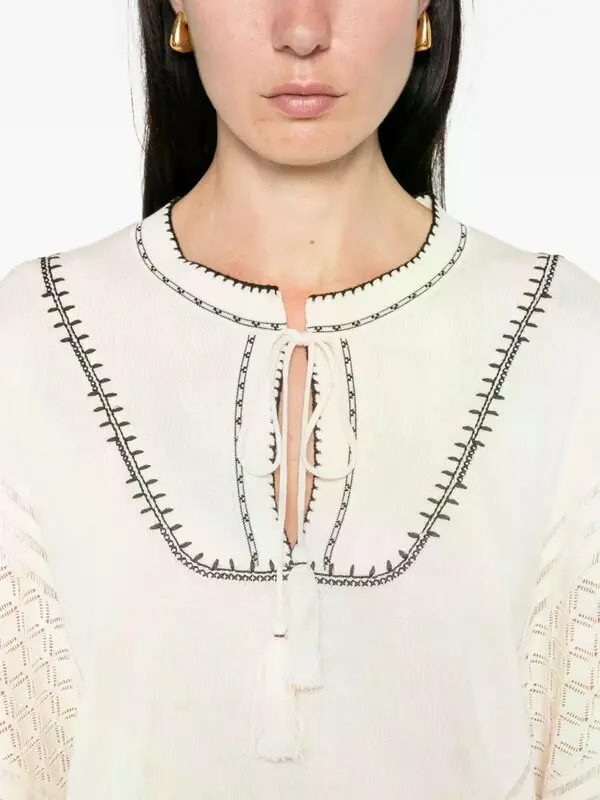 Ba&sh Embroidered Tassel-neck Top