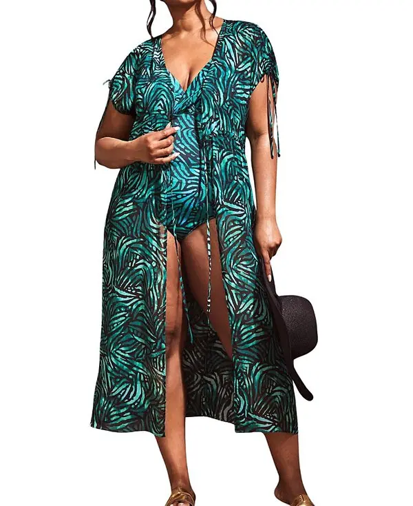 LIVE UNLIMITED Abstract Printed Drawstring Shoulder Kimono - Medium Green