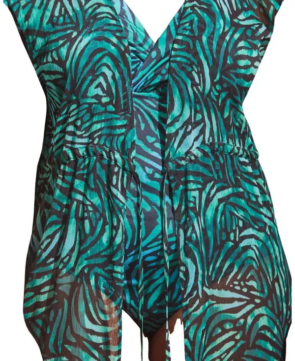 LIVE UNLIMITED Abstract Printed Drawstring Shoulder Kimono - Medium Green
