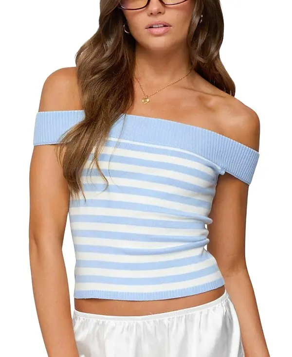 EDIKTED Striped Knit Off-the-shoulder Top