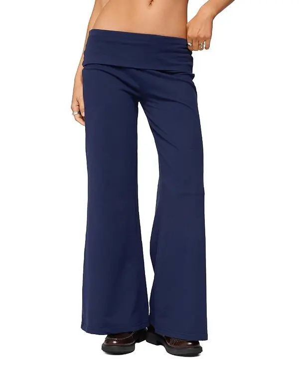EDIKTED Wide Leg Fold Over Pants - Navy