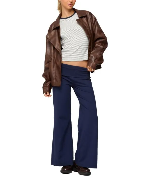 EDIKTED Wide Leg Fold Over Pants - Navy