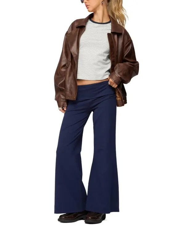 EDIKTED Wide Leg Fold Over Pants - Navy