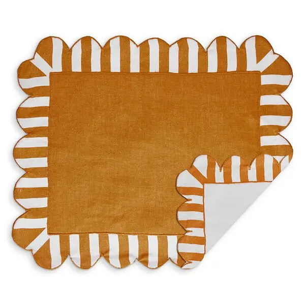 MISETTE Jardin Embroidered Linen Scalloped Stripe Double-sided Placemats, Set Of 4 - Amber