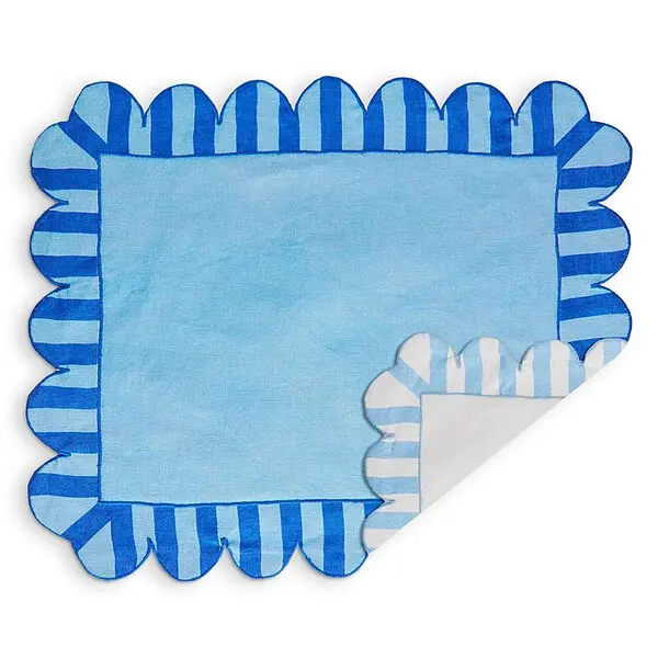 MISETTE Jardin Embroidered Linen Scalloped Stripe Double-sided Placemats, Set Of 4 - Blue
