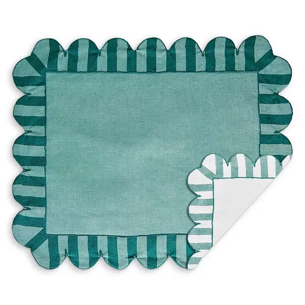 MISETTE Jardin Embroidered Linen Scalloped Stripe Double-sided Placemats, Set Of 4 - Green